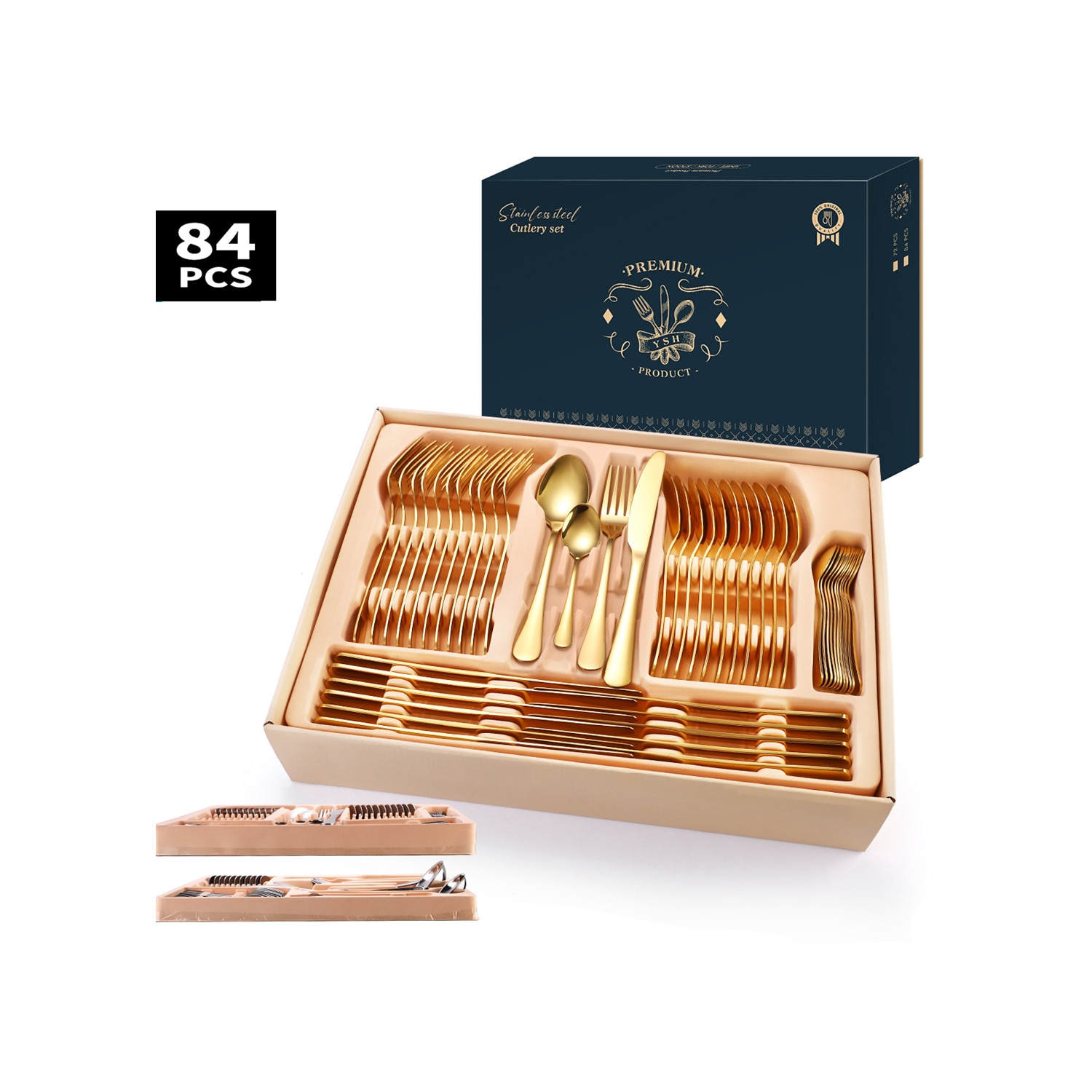 Set tacamuri stainless steel 84 piese, TRENDY’S, gold - eMAG.ro