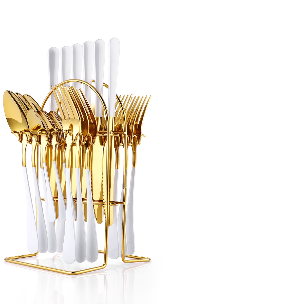 Set tacamuri stainless stell,24 piese, cu suport, TRENDY’S, alb-gold ...