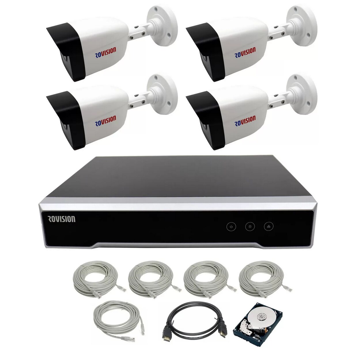 Kit 4 camere supraveghere IP exterior, PoE, IR 30 metri, Full HD 2MP si NVR 4 canale PoE, HDD ...