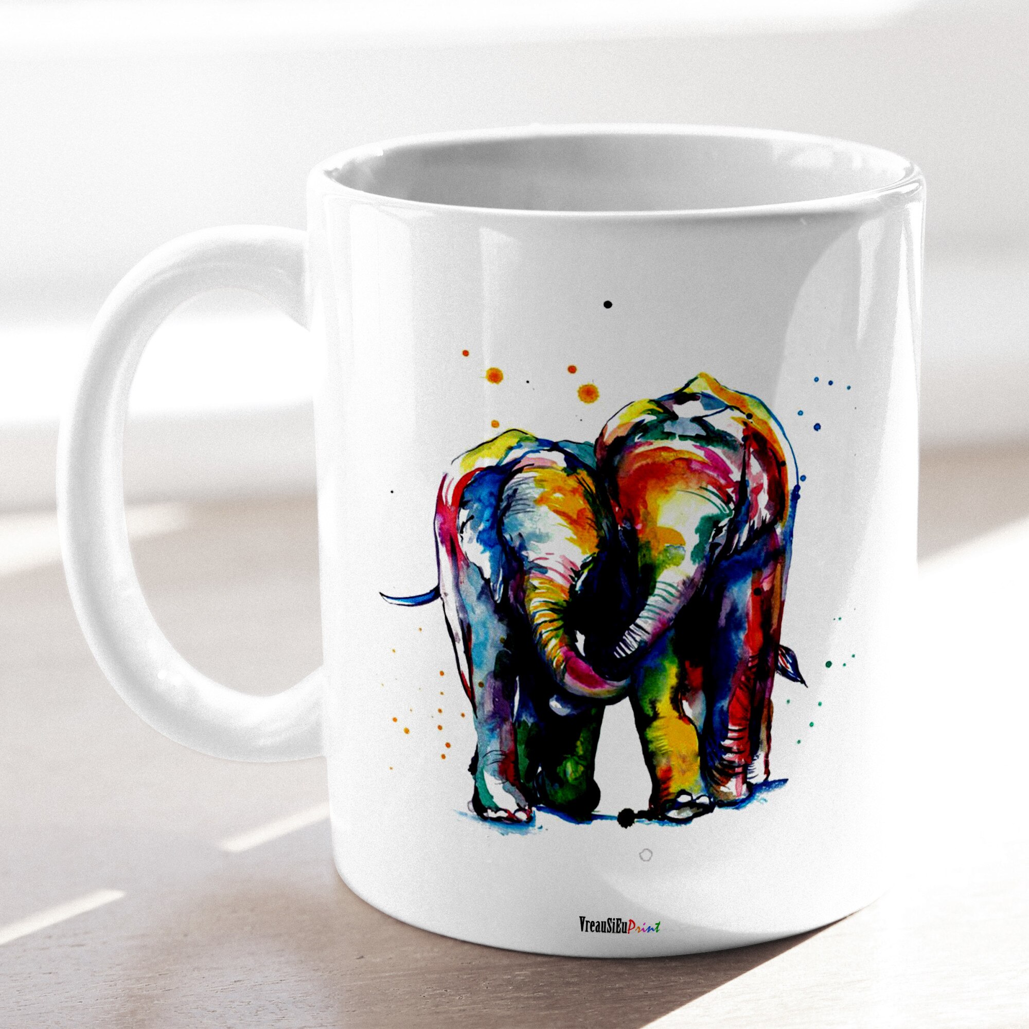 Cana personalizata cu imagine elefanti colorati, ceramica alba, 330 ml ...