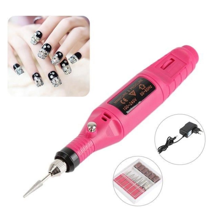 Freza Unghii Roz, include 5 pile 5 capete abrazive Viteza Reglabila ...