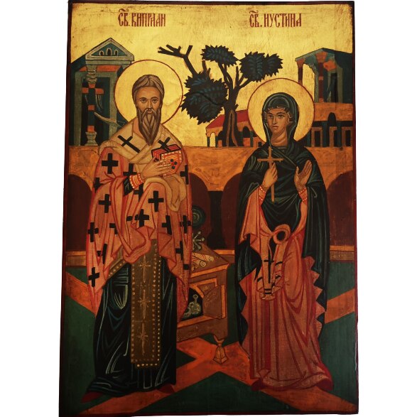 Православна икона на Св. Св. Киприян и Юстина, Ръчно рисувана, Дървена ...