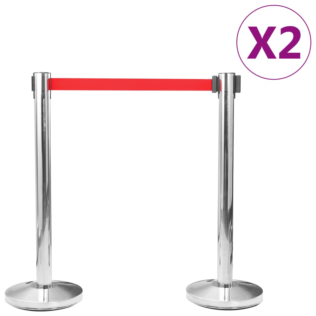 Set stalpi cu banda bariera aeroport VidaXL, 4 piese, argintiu, otel ...