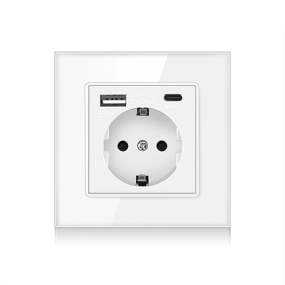 Priza Simpla + USB-A + USB-C LUXION cu Rama din Sticla, Alb - eMAG.ro