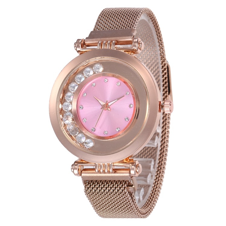 Ceas Dama cu bratara magnetica aurie cadran roz si strasuri QUARTZ ...