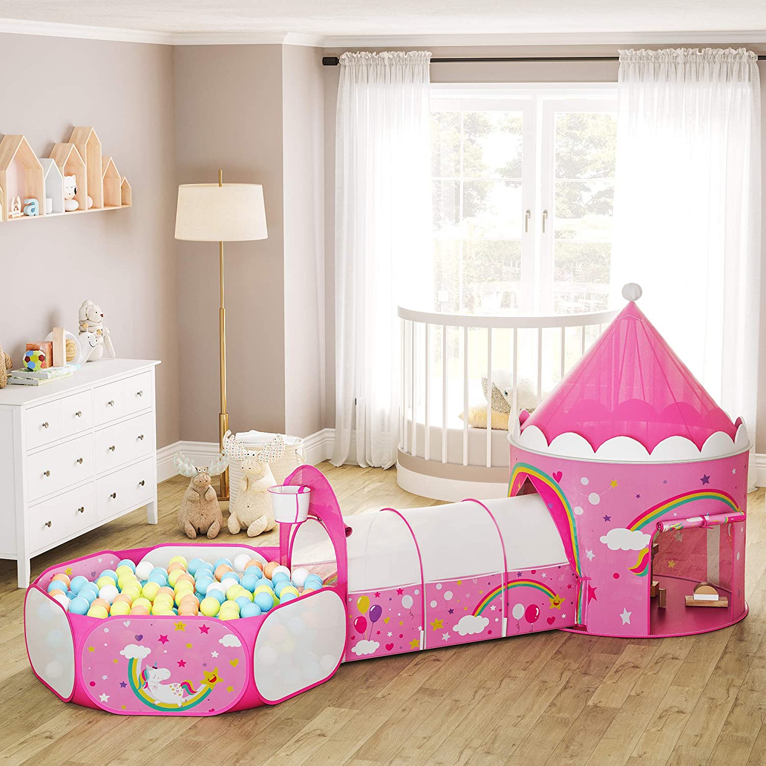 Loc de joaca 3 in 1 SONGMICS, tac de joaca pop-up, cu cort, tunel ...