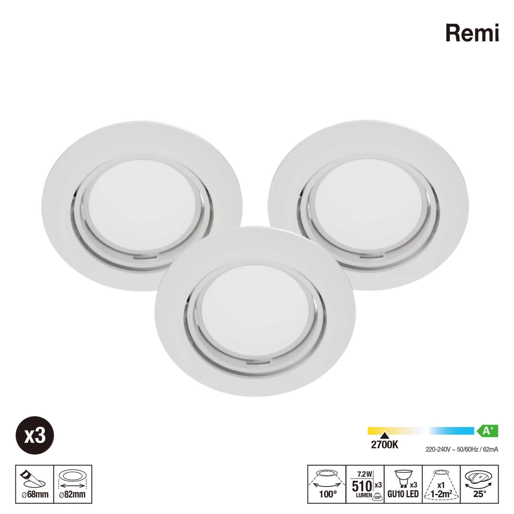 Set 3 Spoturi incastrate Inspire Remi, LED, 3 x GU10, 510 lm ...