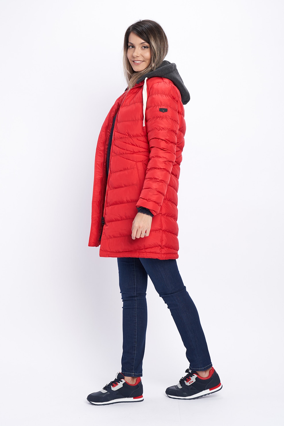 Lee Cooper, Geaca midi matlasata cu gluga, Rosu, M - eMAG.ro