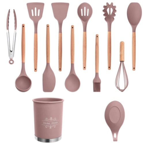 Set 12 ustensile de bucatarie, cu maner de lemn, roz - eMAG.ro