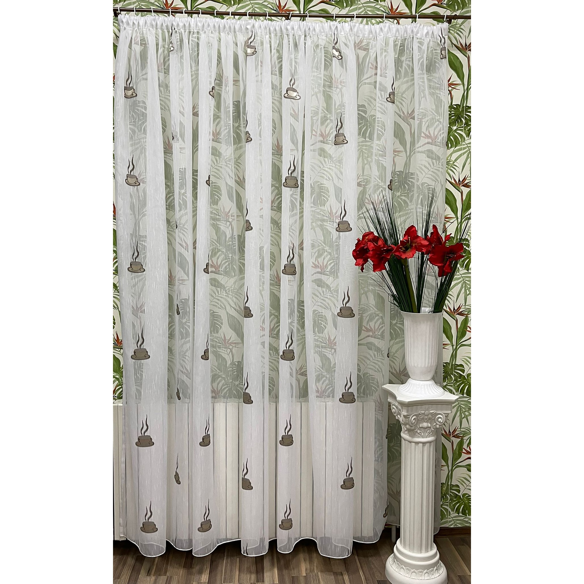 Perdea brodata bucatarie, culoare alb/maro, colectia Cofee Cups by Liz ...