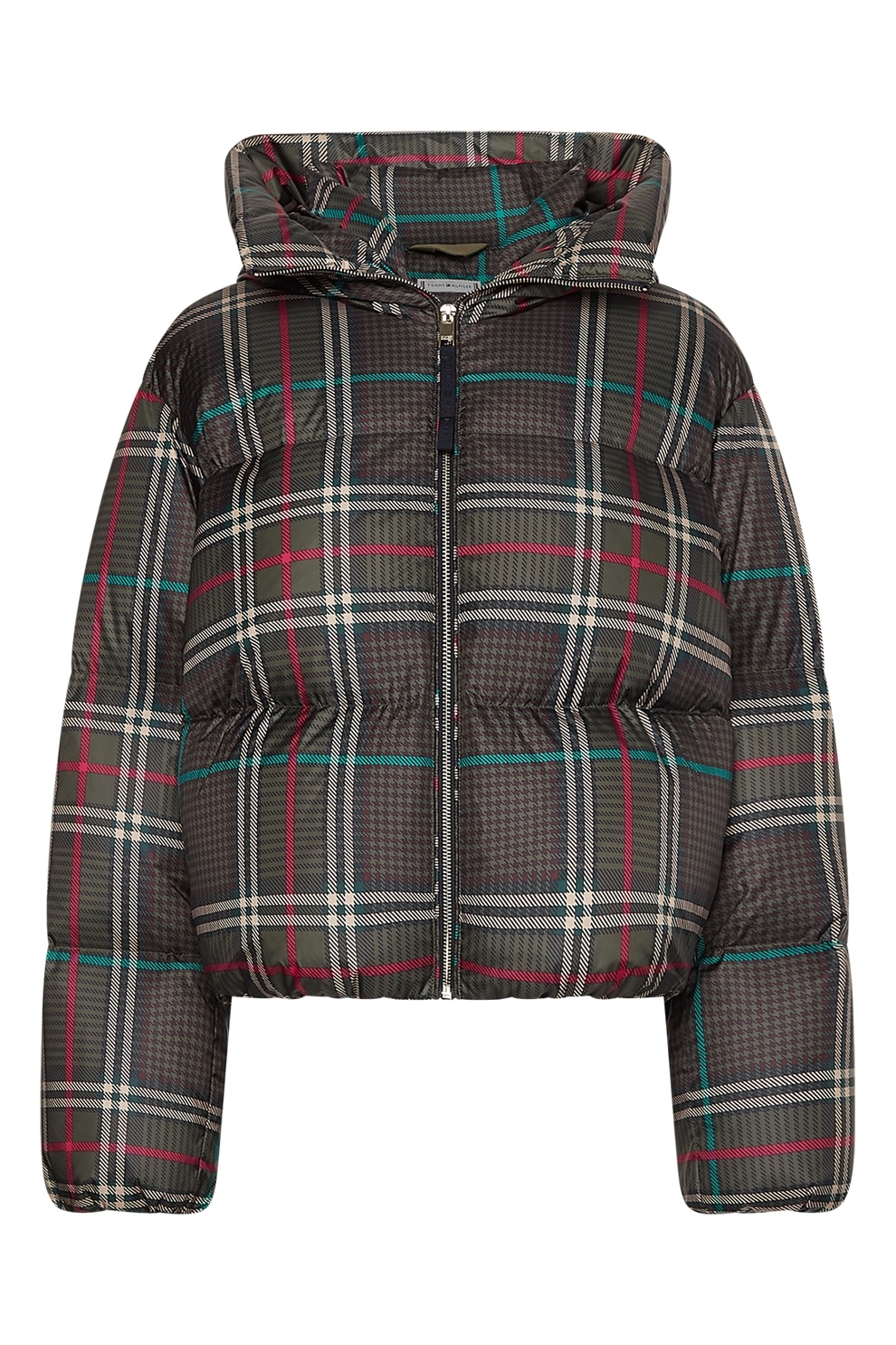 Tommy Hilfiger, Geaca bufanta cu umplutura de puf si gluga, Rosu, Alb ...