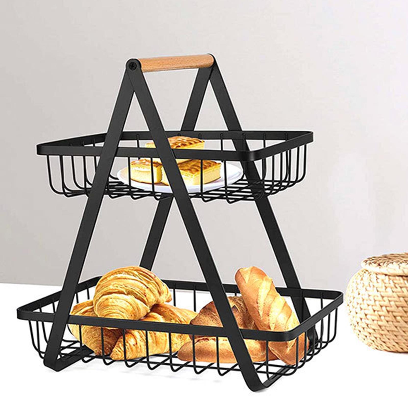 Cos fructe cu 2 etaje, Frandis, 27.5x17x30 cm, metal/lemn, negru, model ...