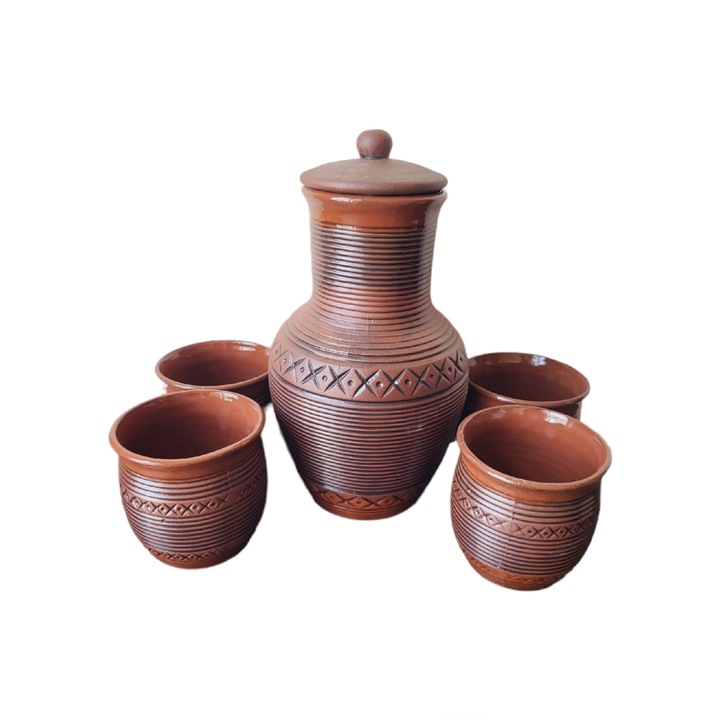 Set pentru vin Diveli, 1 Ulcior si 4 pahare, lut rosu, 2L/300 mlx4 ...