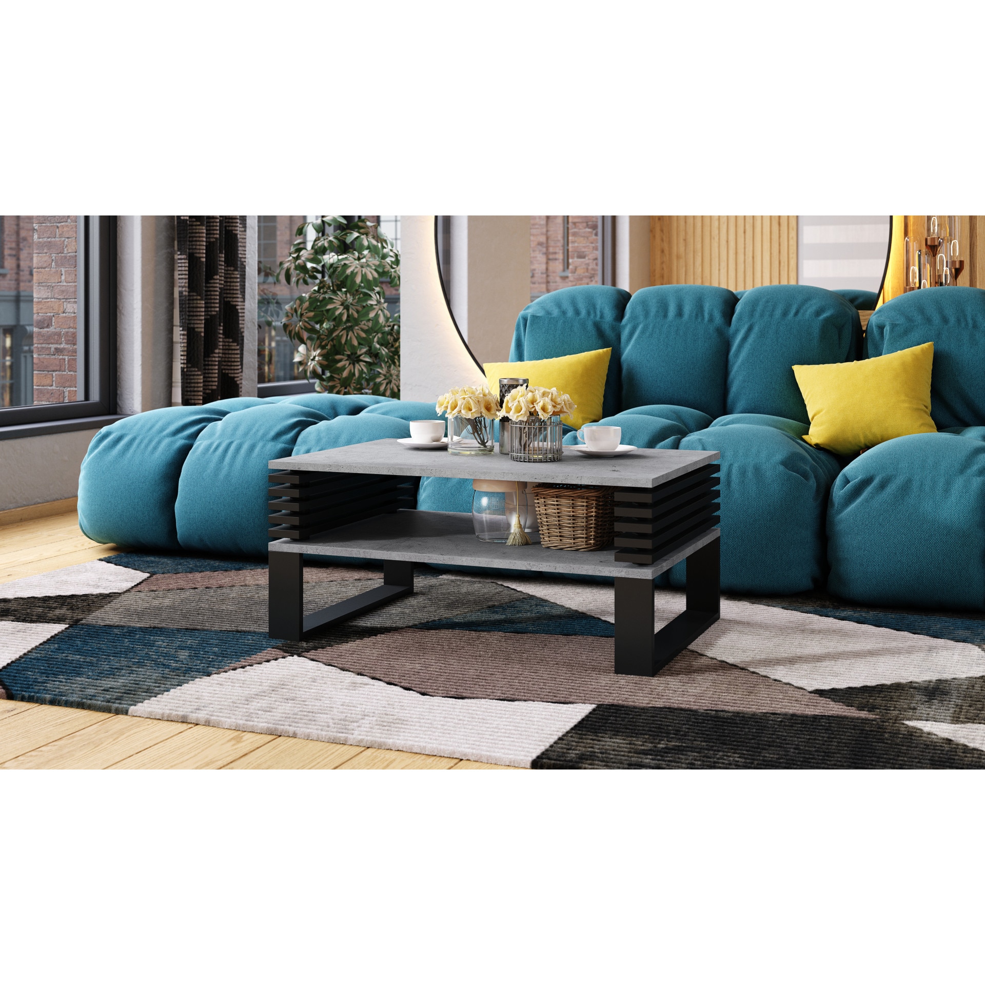 Masa de cafea, Mazzoni, GOKEE, beton / negru, 90 cm x 60 cm - eMAG.ro