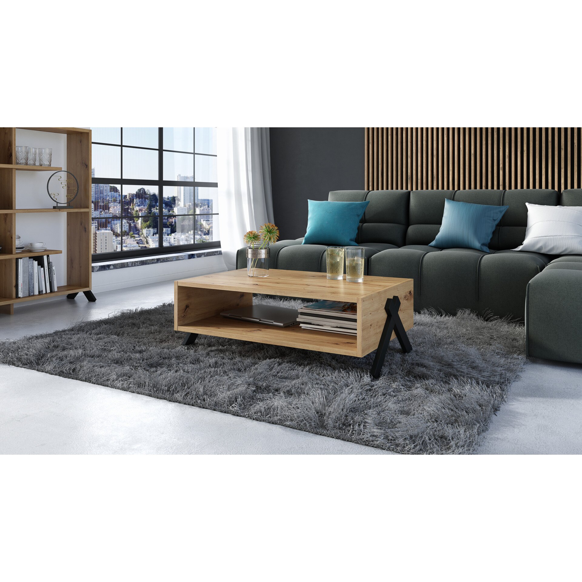 Masuta de cafea, Mazzoni, VIK S-90, stejar artisan, 90 cm / 60 cm - eMAG.ro