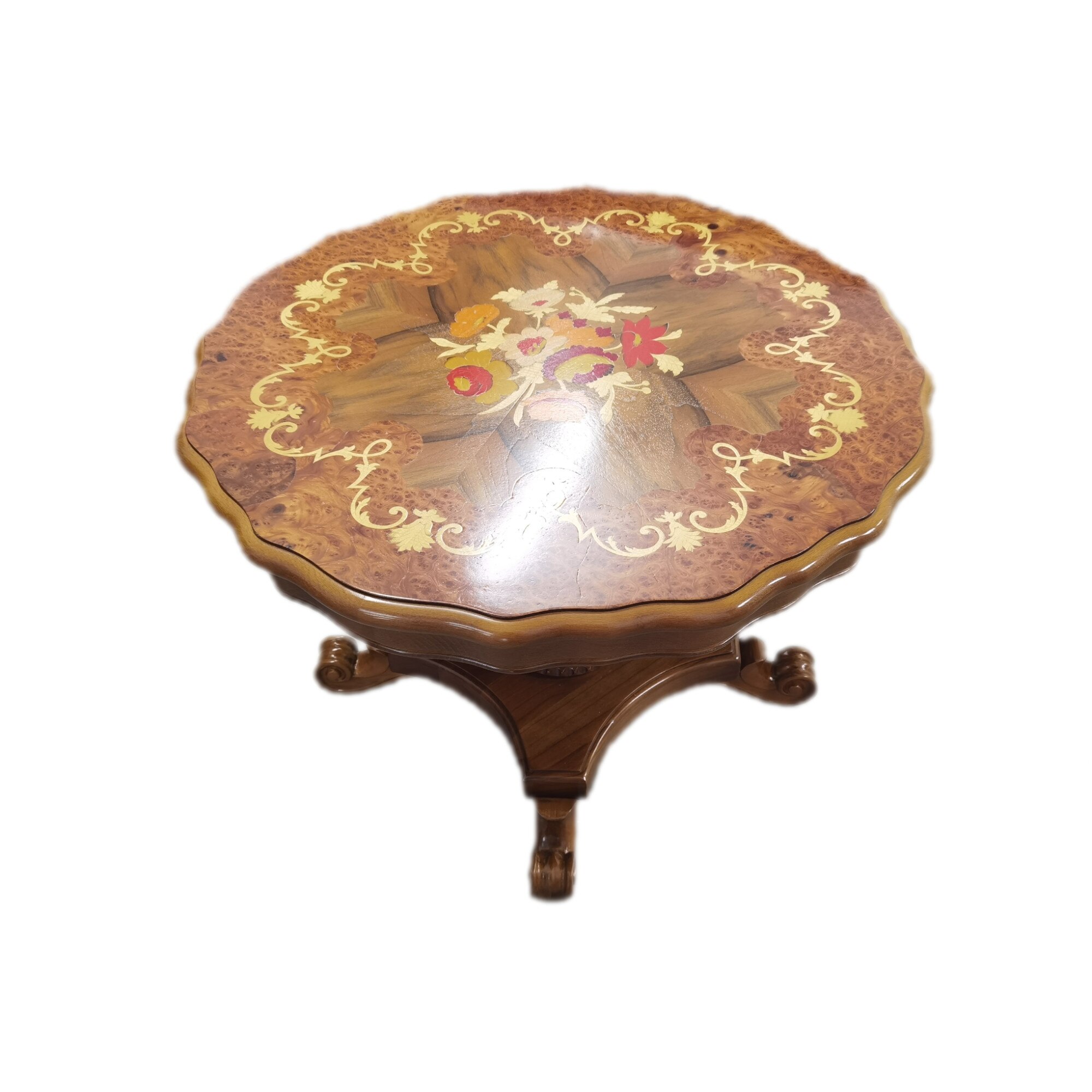 Masa cafea rotunda intarsiata, stil clasic, lemn, 68 x 68 x 50 cm, nuc ...