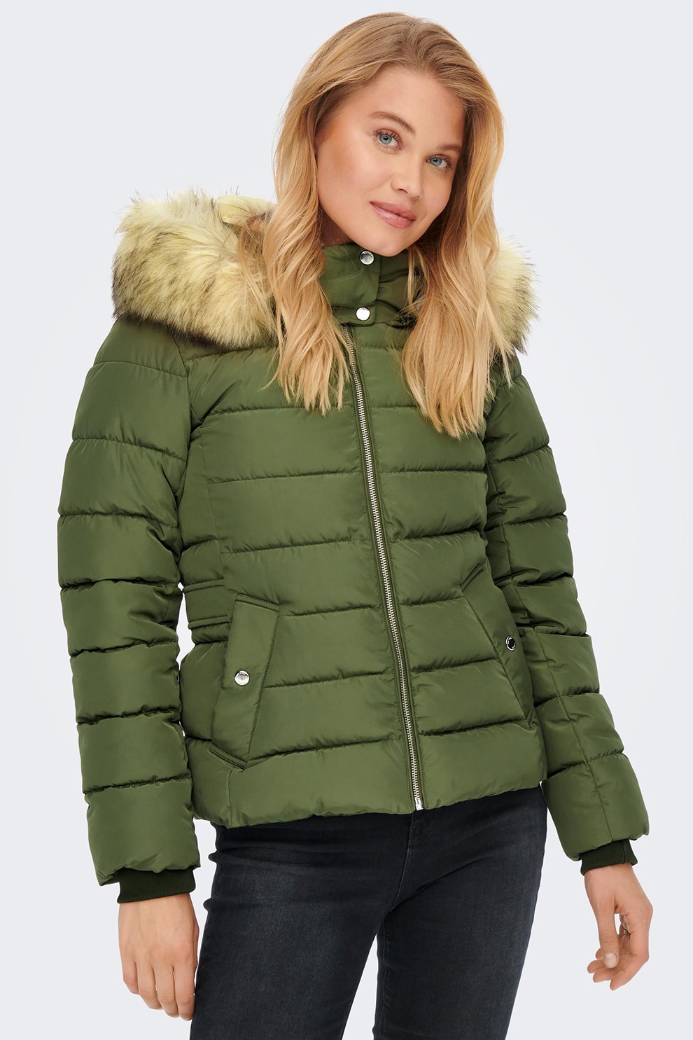 Only, Geaca cu aspect matlasat si gluga Camilla, Verde feriga, S - eMAG.ro