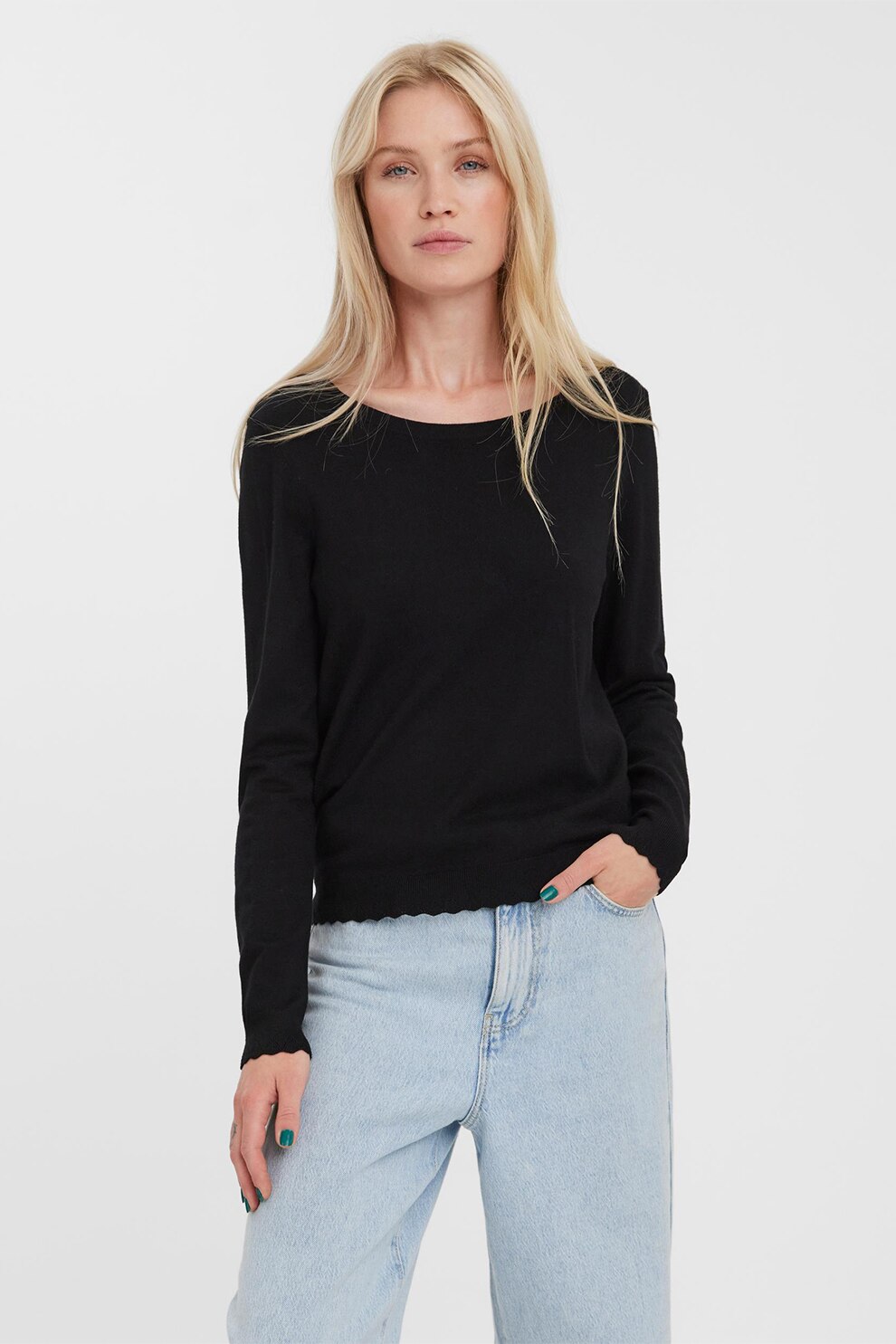 Vero Moda, Фино плетен пуловер с дантела, Черен, M - eMAG.bg