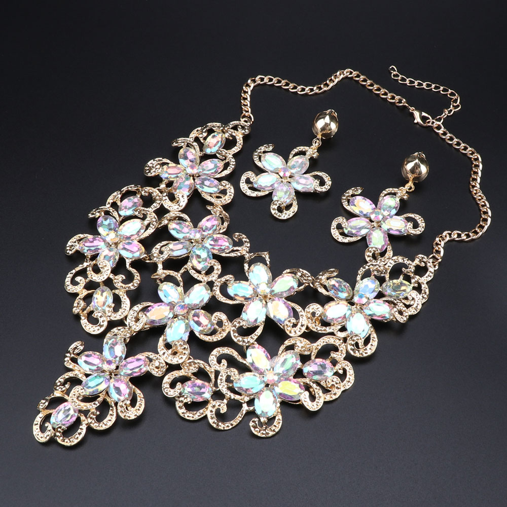 Set bijuterii dama, Model Gold Statement Crystal Flower, Placat cu aur ...