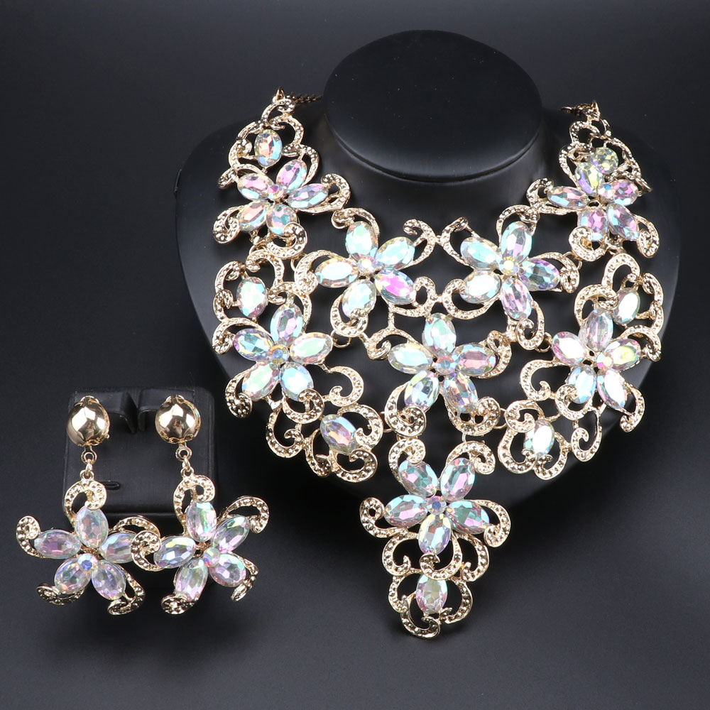Set bijuterii dama, Model Gold Statement Crystal Flower, Placat cu aur ...