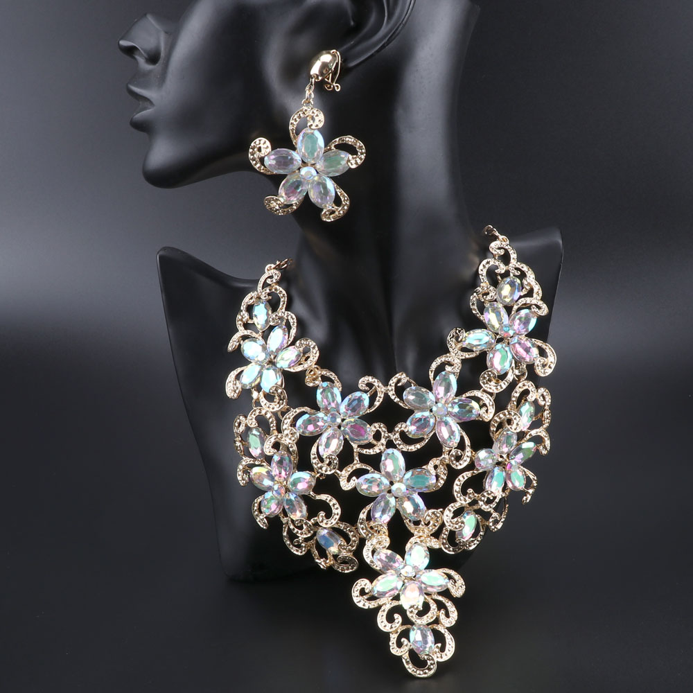 Set bijuterii dama, Model Gold Statement Crystal Flower, Placat cu aur ...