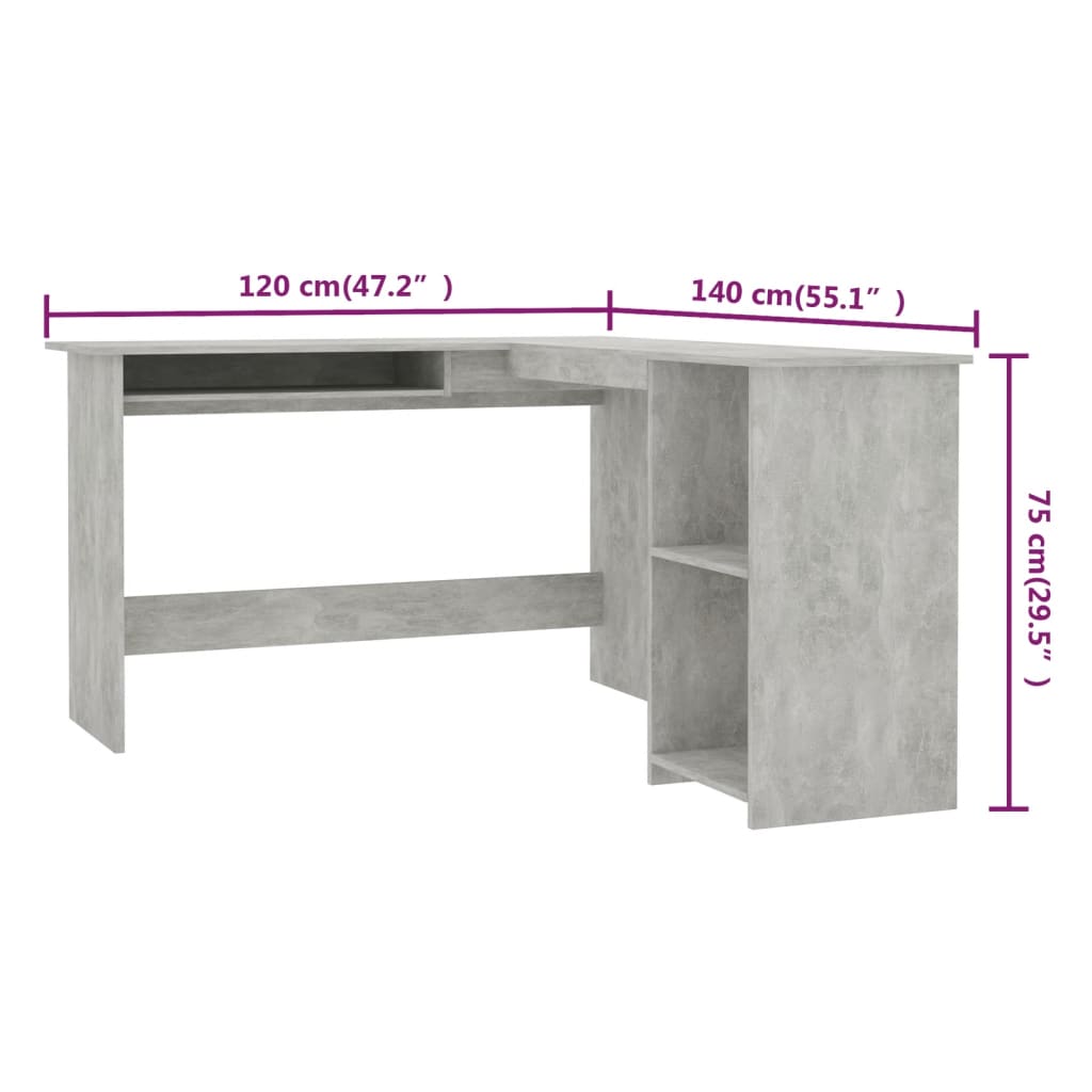 Birou de colt in forma de L, gri beton, 120 x 140 x 75 cm, PAL, pentru ...