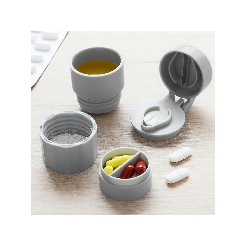 Organizator pentru pastile 5 in 1, cu taietor si tocator, Gonga® Gri ...