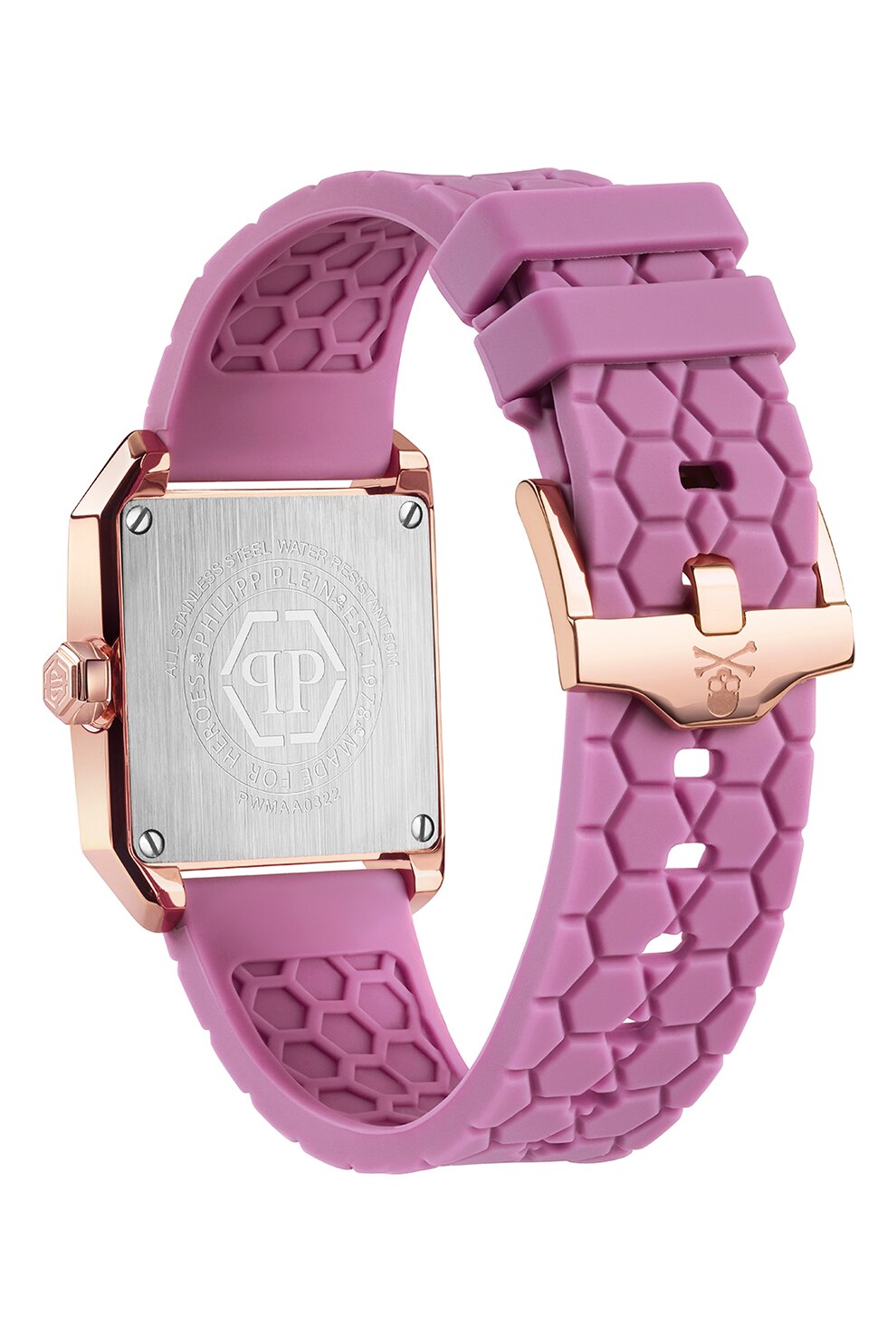 Philipp Plein, Ceas patrat cu o curea din silicon, Auriu rose, Roz ...