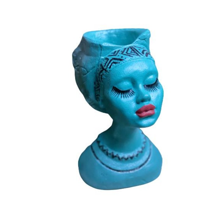Vaza tip ''Printesa Africana", din ipsos, verde turcoaz cu negru, 24cm ...