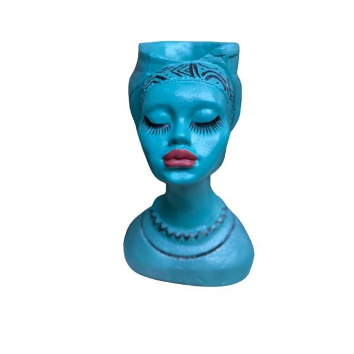 Vaza tip ''Printesa Africana", din ipsos, verde turcoaz cu negru, 24cm ...