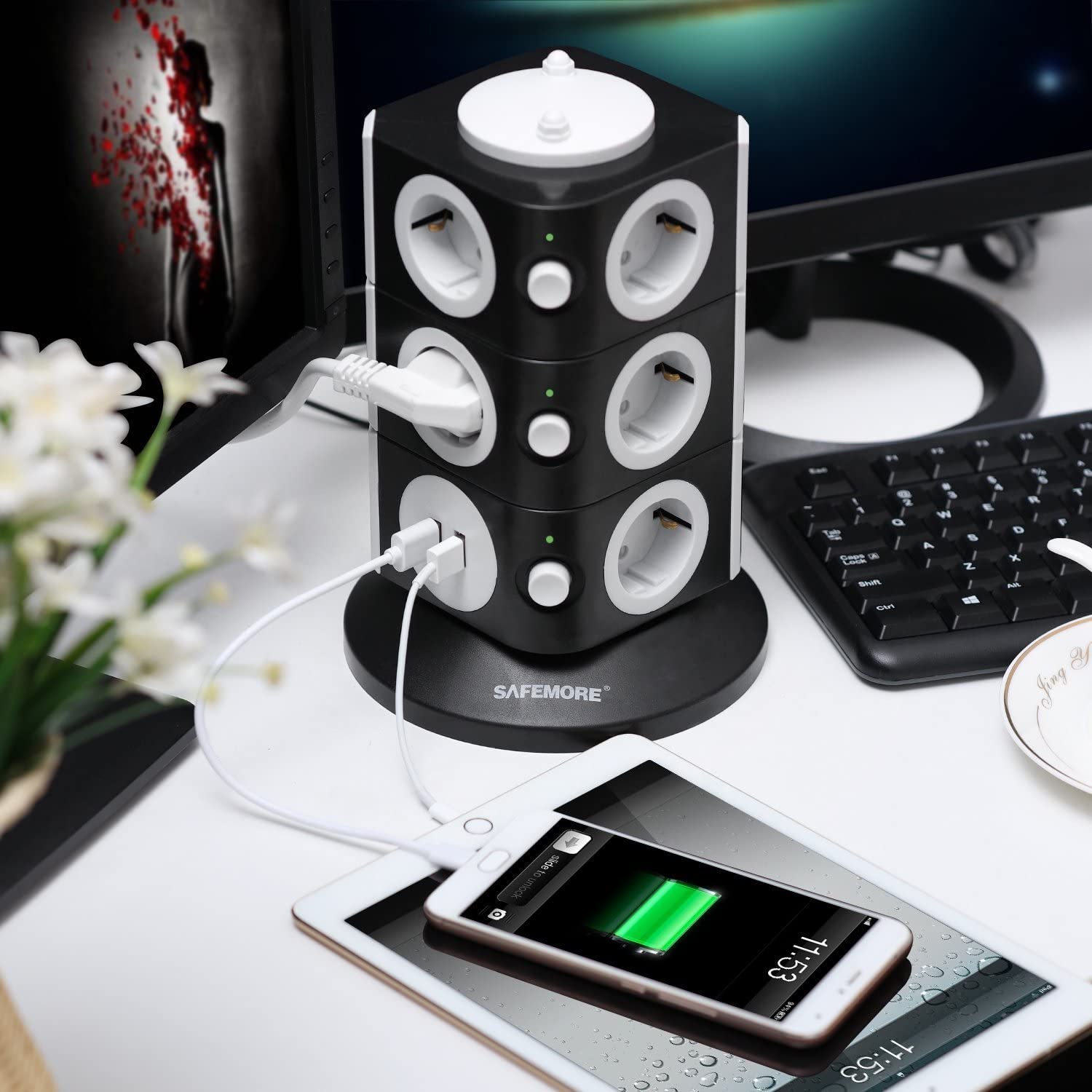Удължител Safemore Тип кула 110 250v 2500w 2xusb 11xac изход Защита от пренапрежение Черен