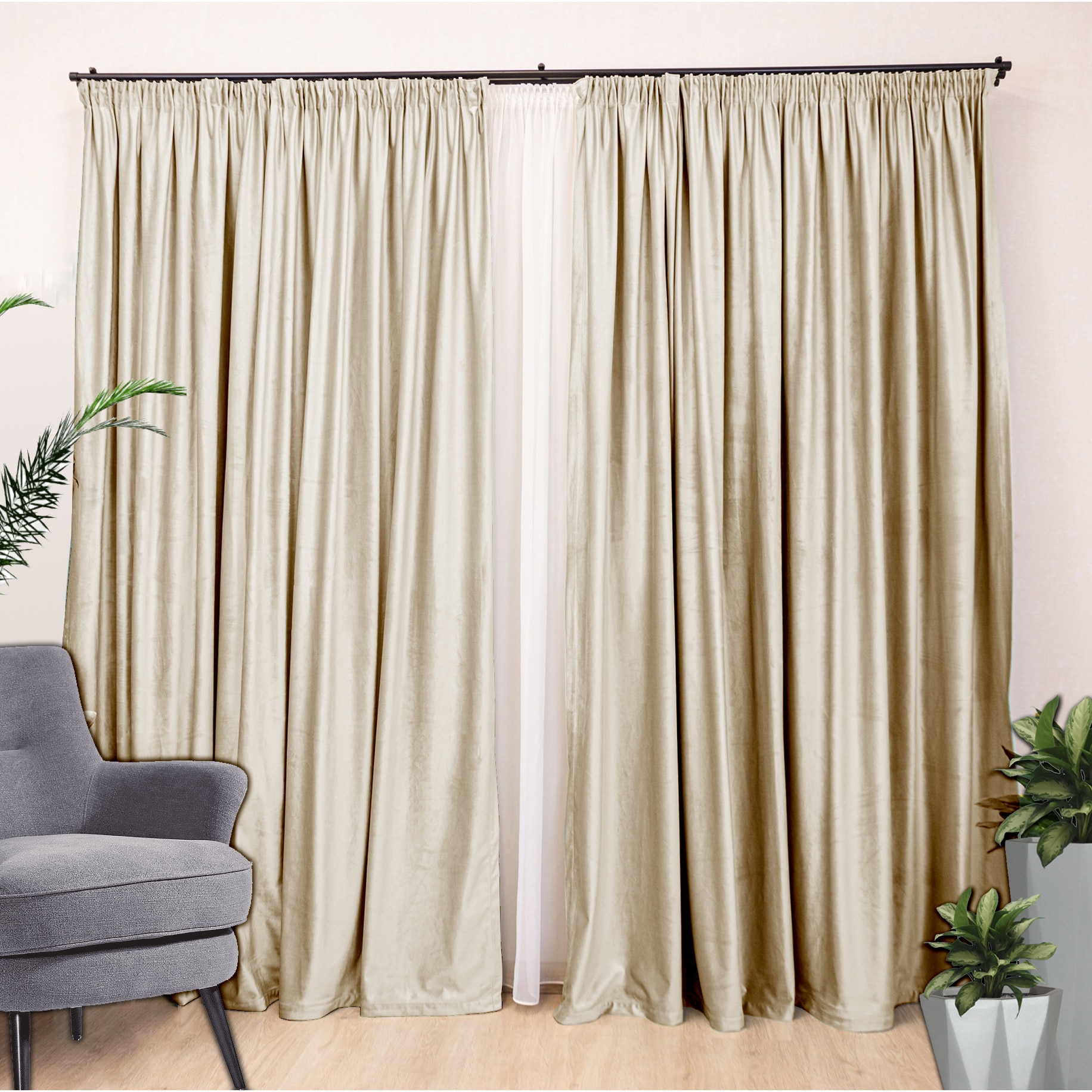 Set 2 draperii cu rejansa, catifea, bej, 250x250 cm - eMAG.ro