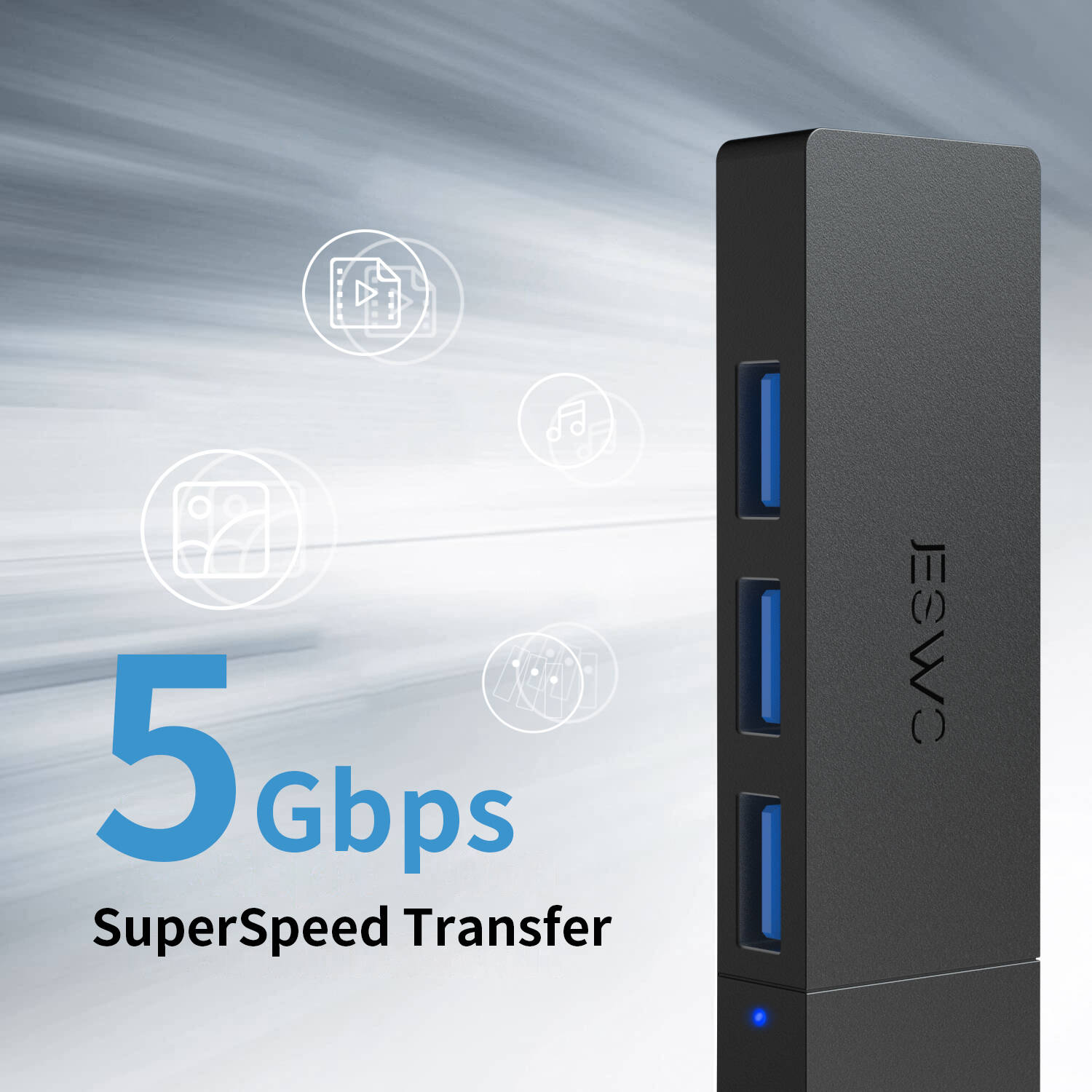 Хъб JESWO USB 3.0, 4 Порта, LED Индикатор, 60 см, Черен - eMAG.bg