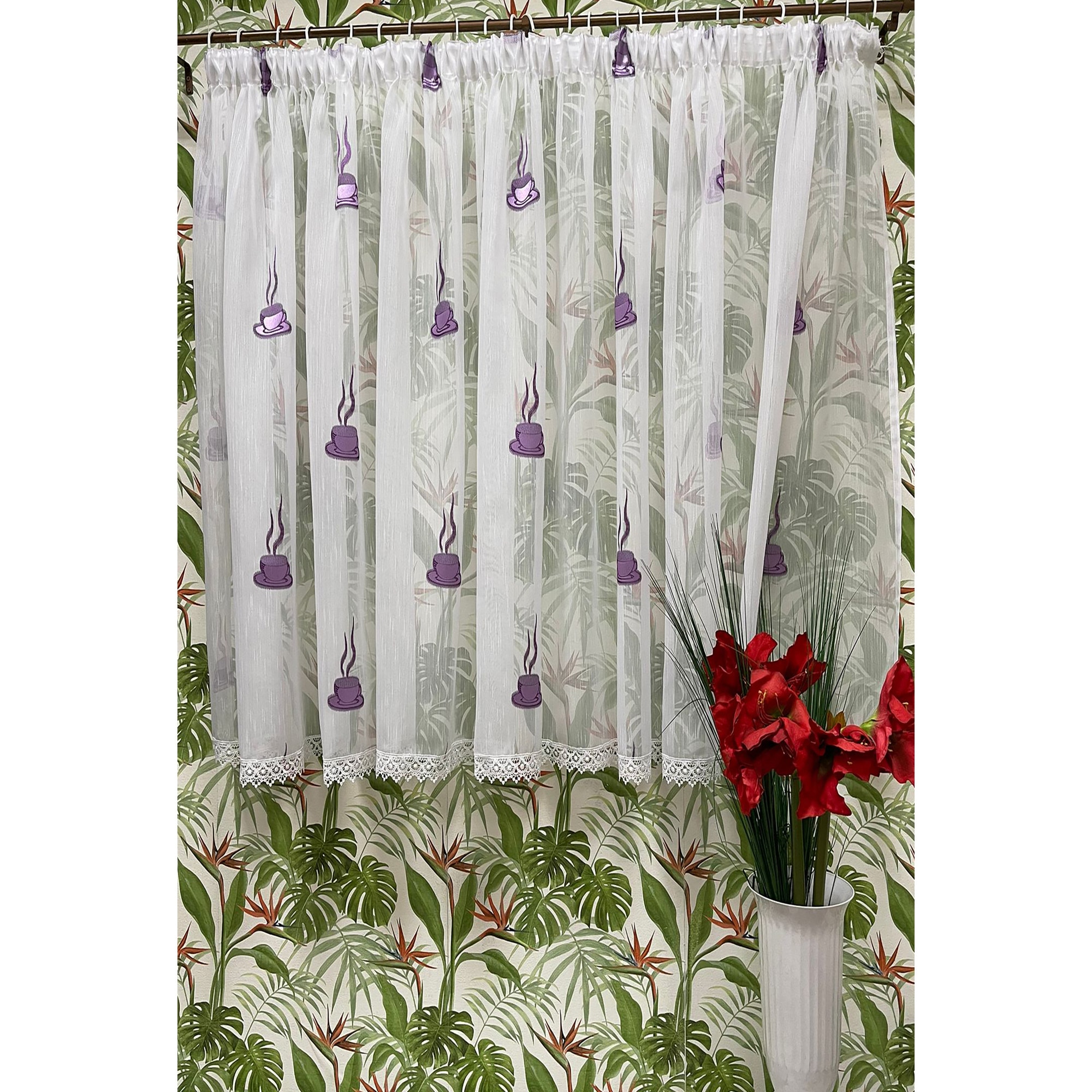 Perdea brodata bucatarie, cu dantela, culoare alb/mov, Cofee Cups by ...