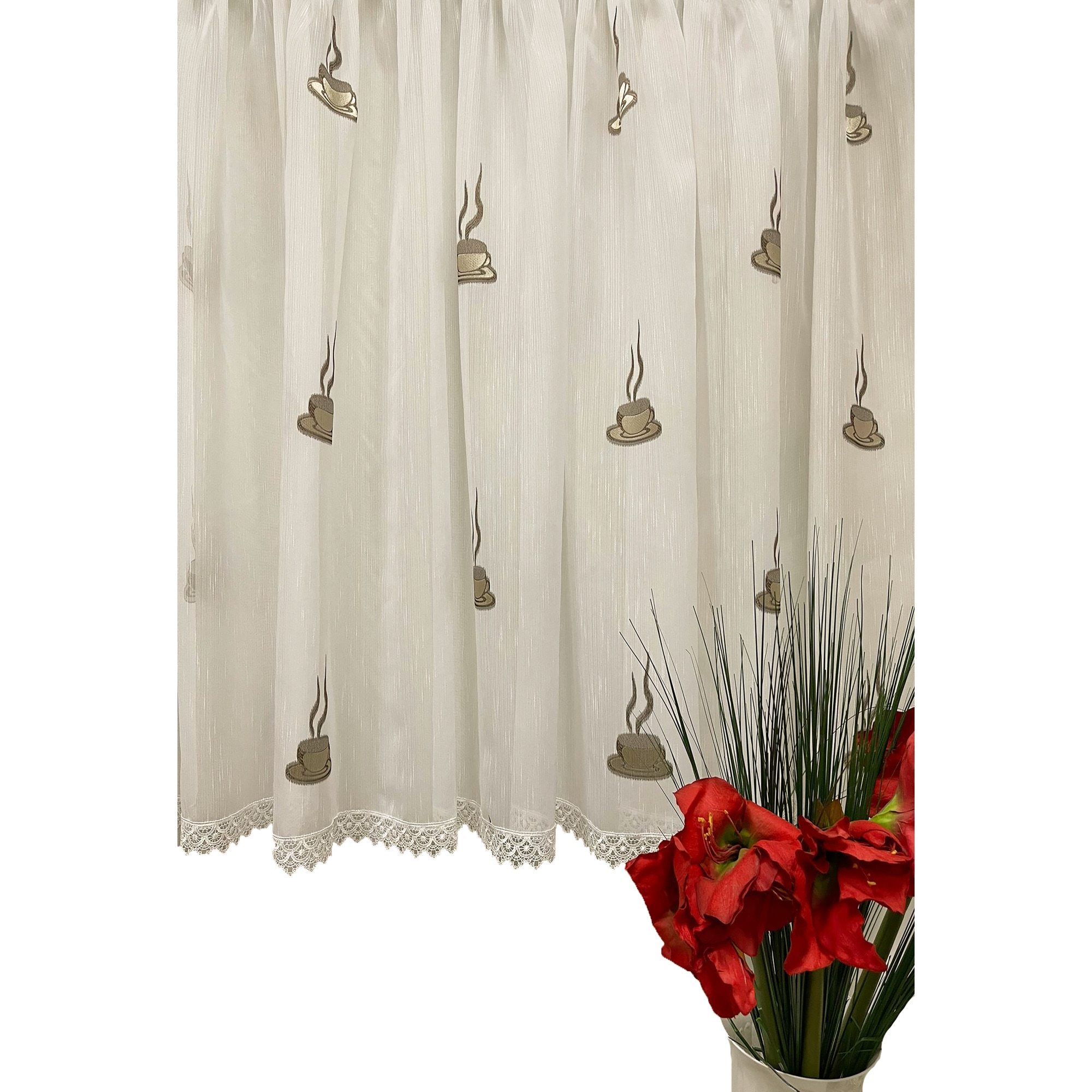 Perdea brodata bucatarie, cu dantela, culoare ivoire/maro, colectia ...