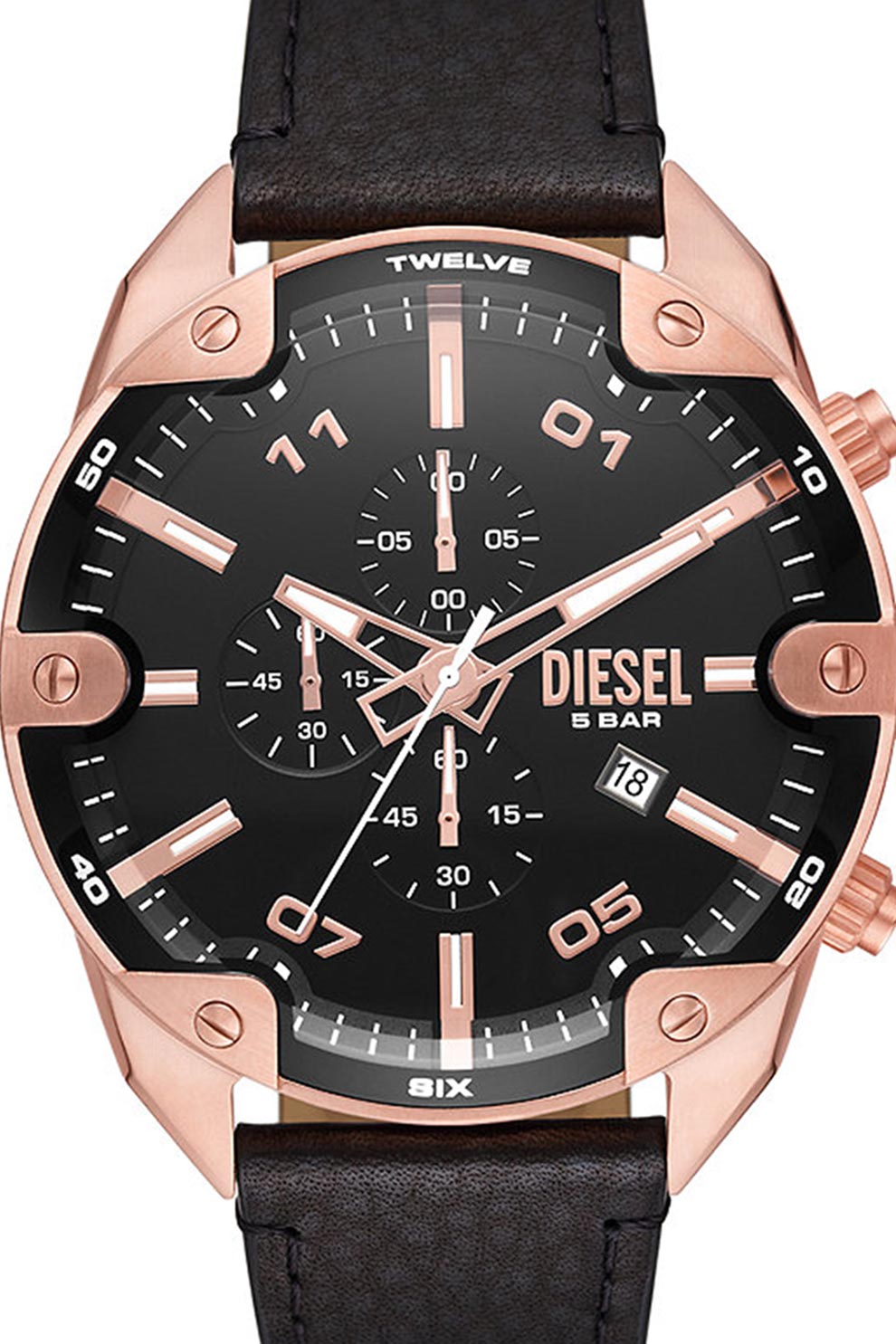 Diesel, Часовник с кожена каишка и хронограф, Черен - eMAG.bg