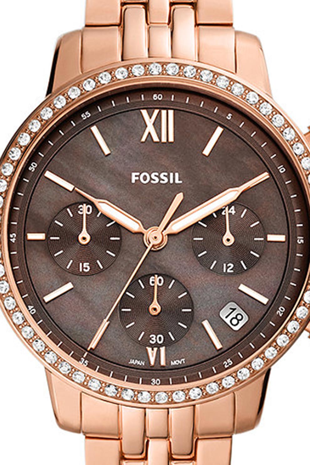 Fossil, Часовник от неръждаема стомана с хронограф и кристали, Златист ...