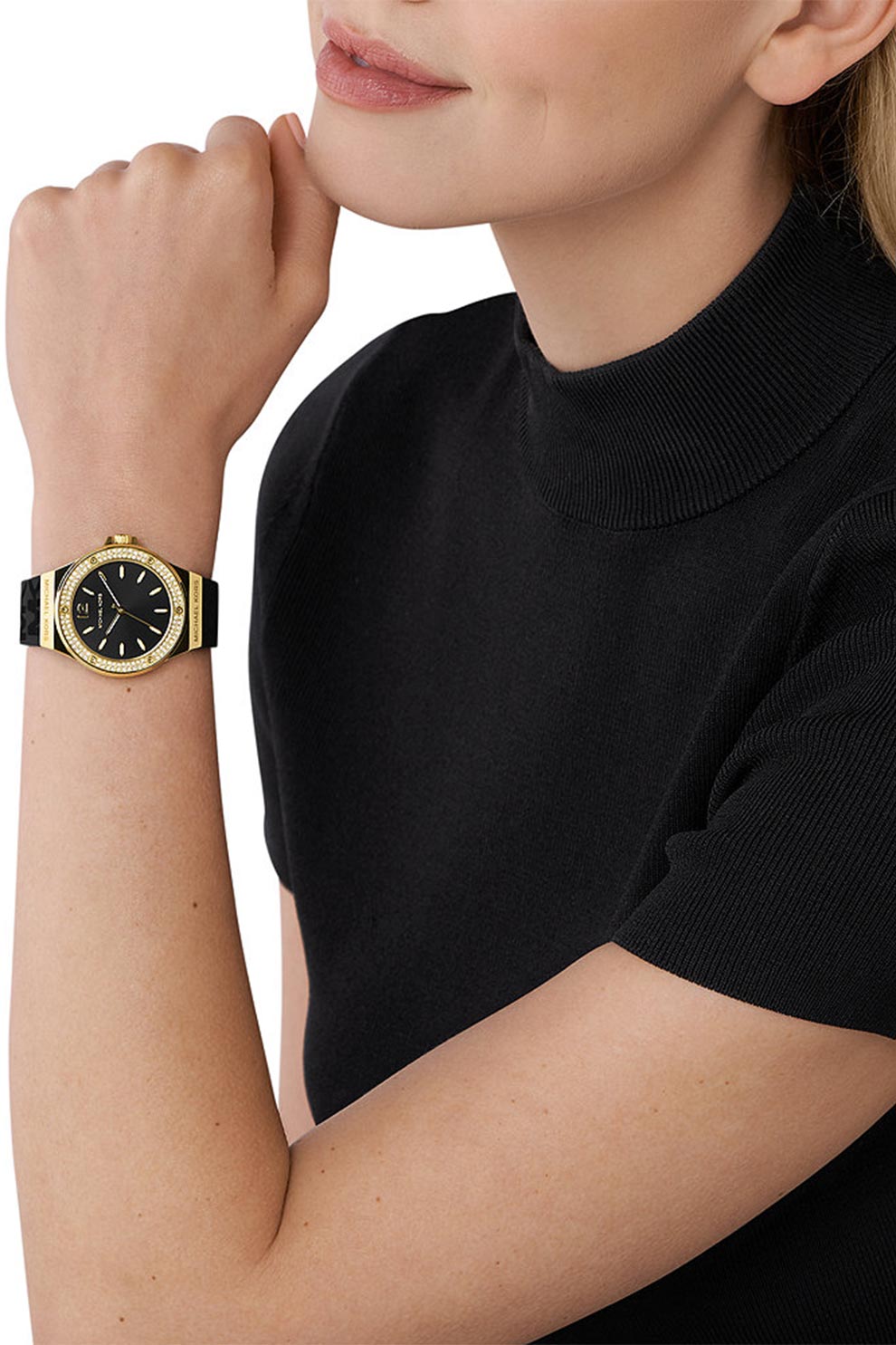 Michael Kors, Часовник с три стрелки и кристали, Черен - eMAG.bg