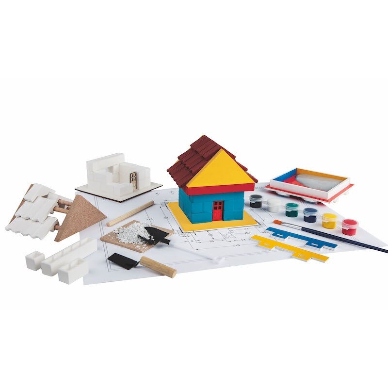 Set de constructie Bildits Beginner, case din lemn, caramizi si ciment ...