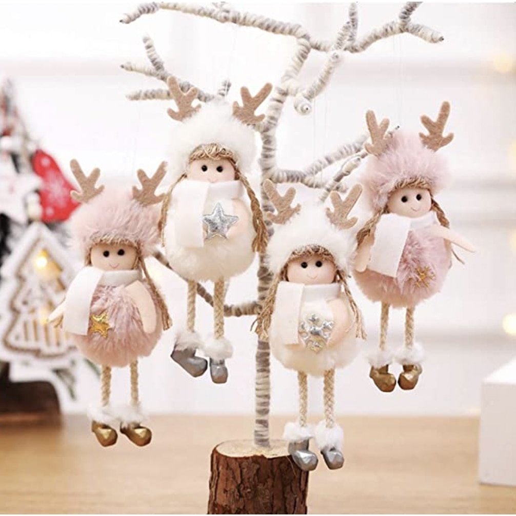 Set 4 decoratiuni brad, figurine roz / alb, cu agatatoare, 17 x 6 cm ...