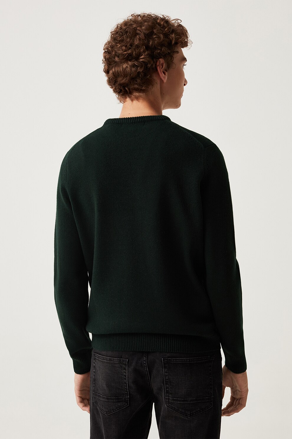 OVS, Pulover tricotat fin cu margini striate, Verde padure, XL - eMAG.ro