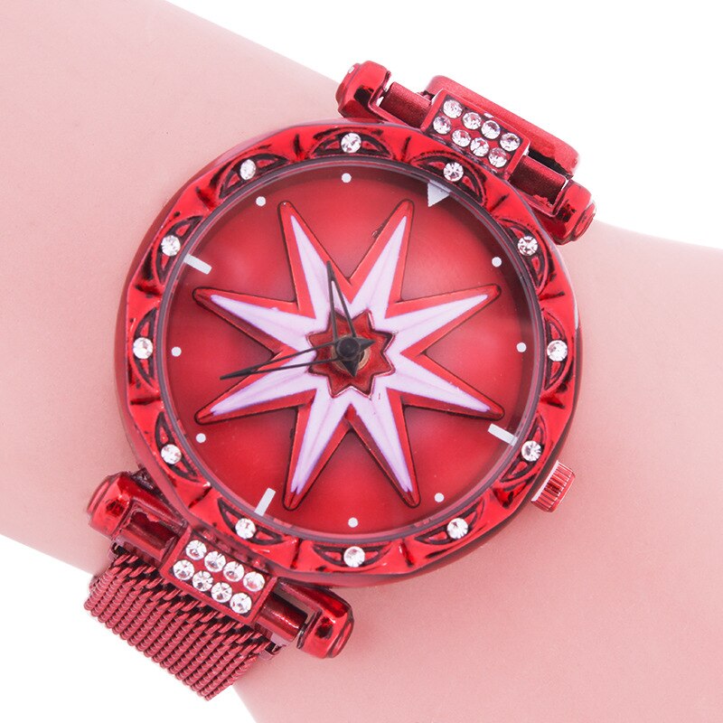 Ceas Dama STAR, cadran rotativ 360° Spinner, bratara magnetica red ...