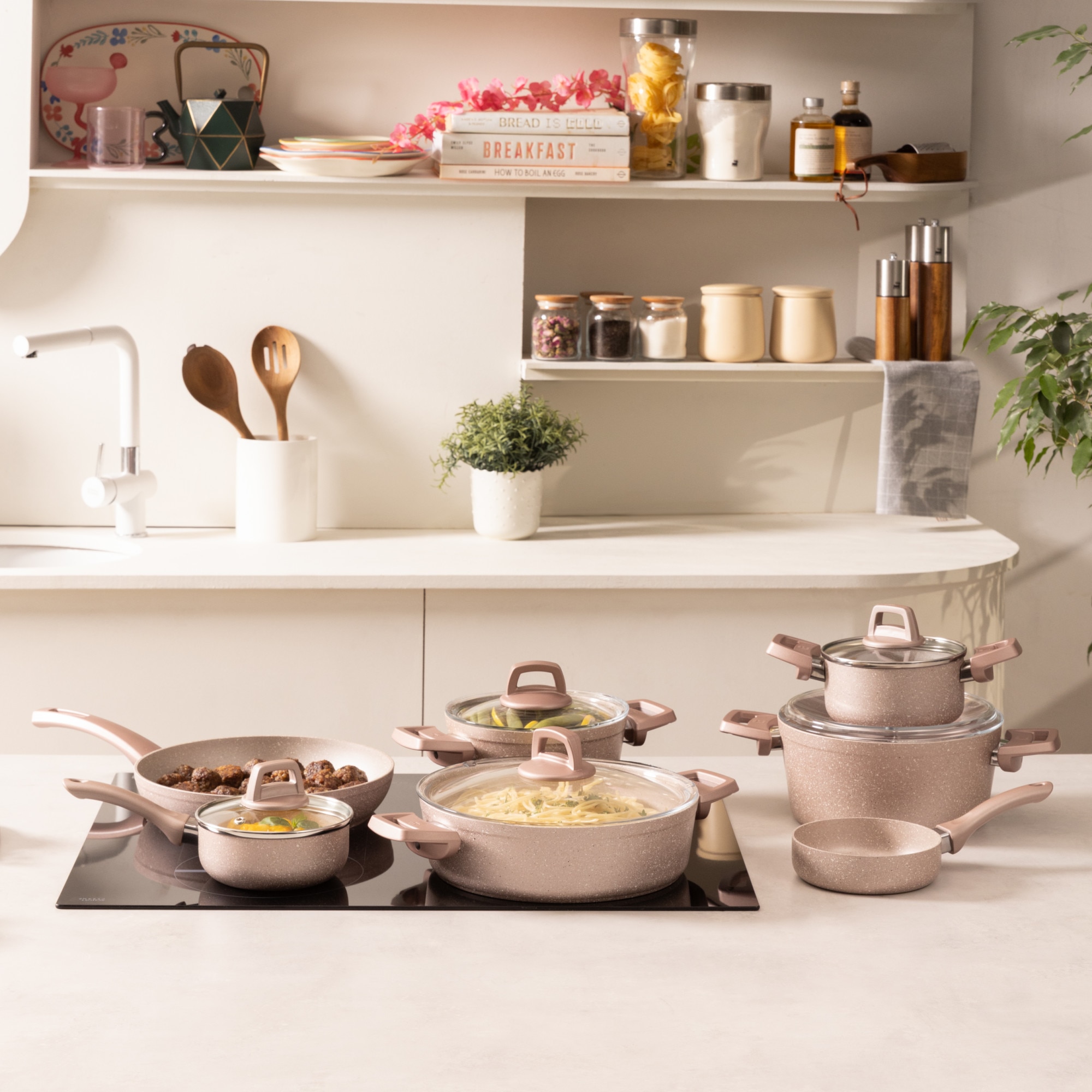 Set de bucatarie, Karaca, Rosegold, 12 piese, 5 Oale 5 capac 2 Tigai ...
