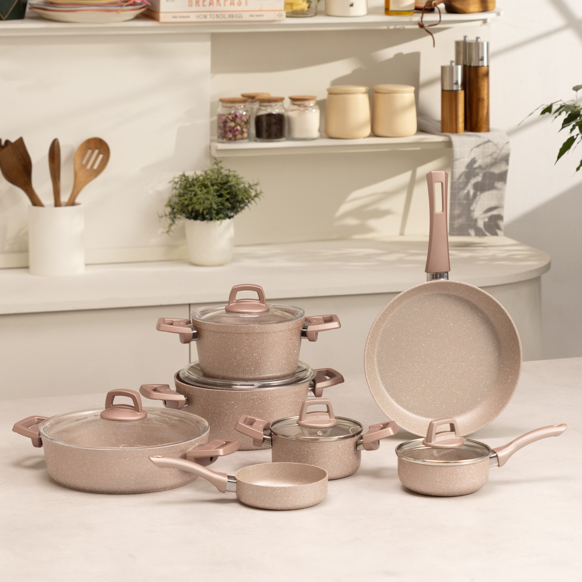 Set de bucatarie, Karaca, Rosegold, 12 piese, 5 Oale 5 capac 2 Tigai ...