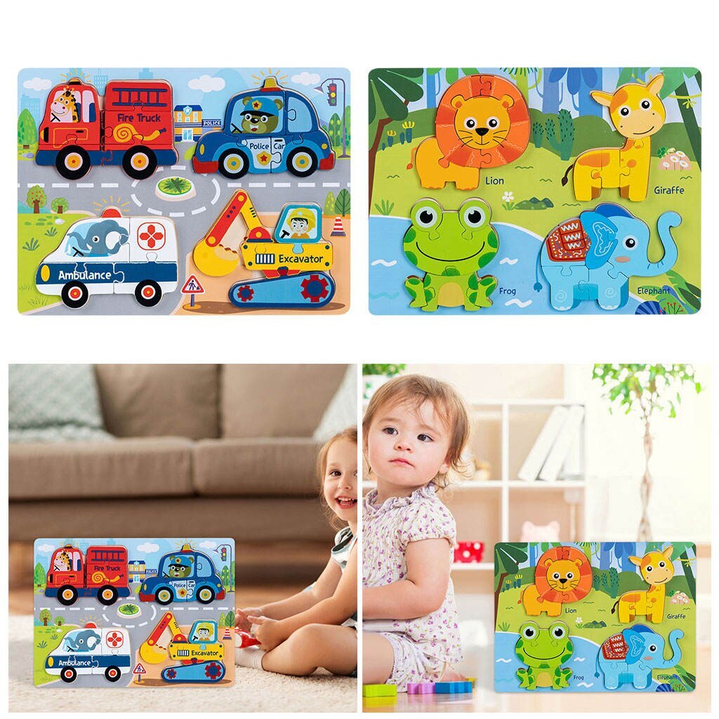 Puzzle din Lemn cu Animalute si Masini SEMERAY 0095, in Limba Engleza, 30 x 22 cm, 3 ani - eMAG.ro