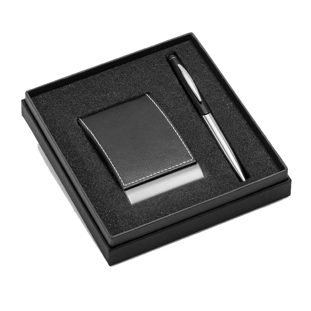 Set suport carti de vizita metalic cu piele si pix metalic touchscreen ...