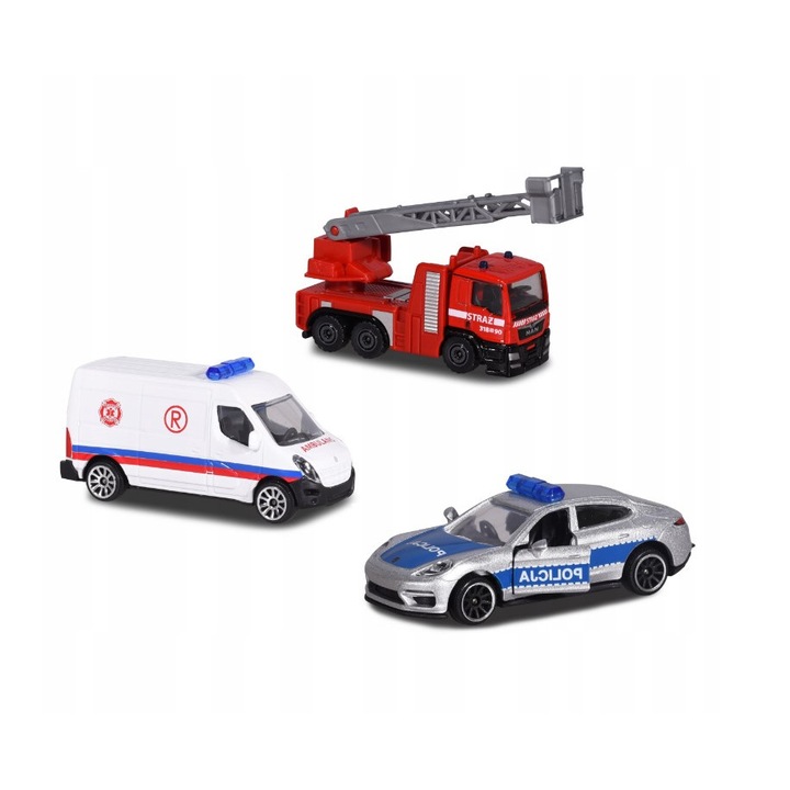 Set 3 masinute MAJORETTE SOS, Ambulanta, Politie, Pompieri, 7.5 cm ...