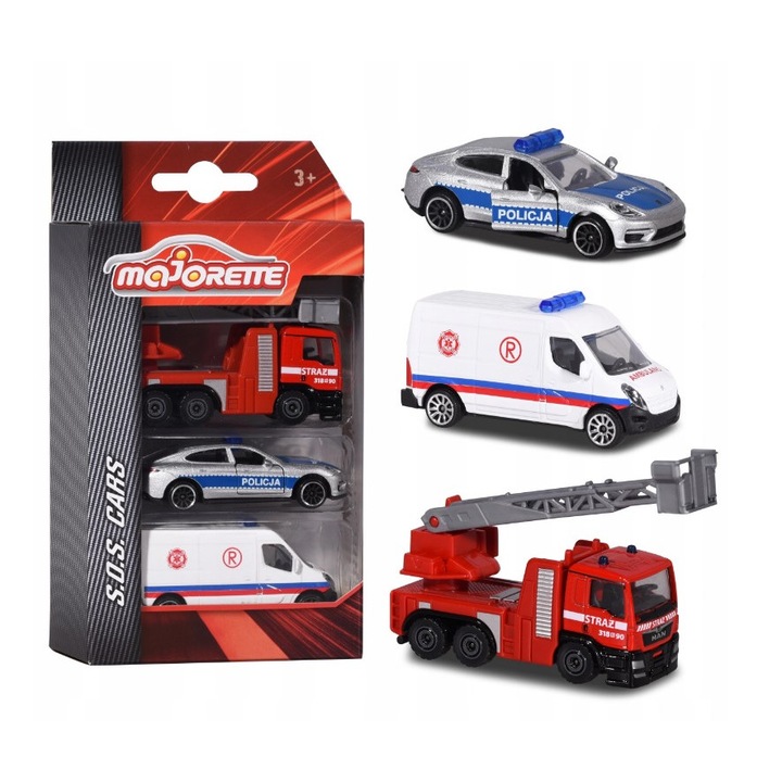 Set 3 masinute MAJORETTE SOS, Ambulanta, Politie, Pompieri, 7.5 cm ...