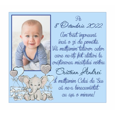 Marturie magnetica botez Elefant bleu 65x70 mm - text multumire - eMAG.ro