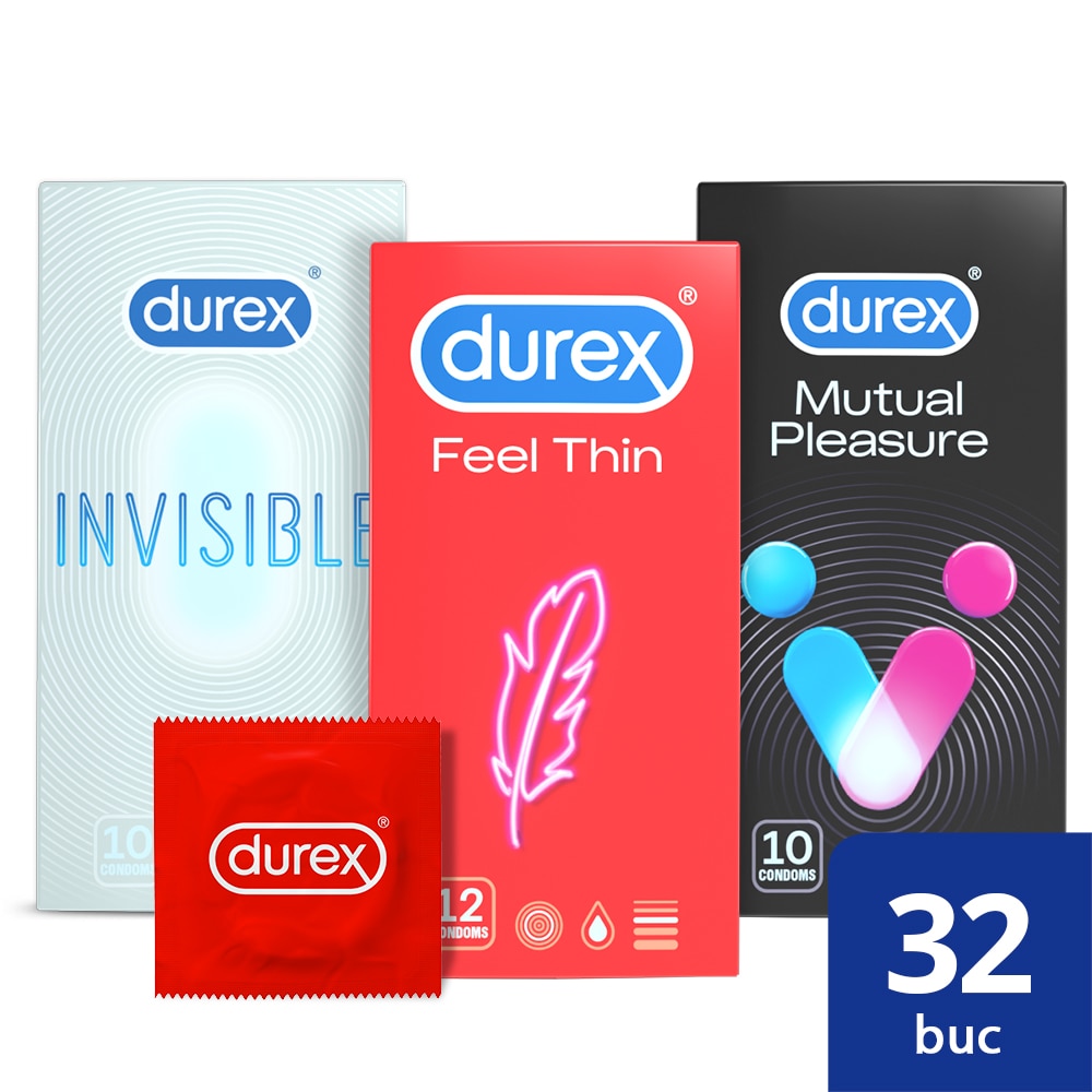 Pachet Prezervative Durex Cutie Discretă: Feel Thin, 12 buc + Invisible, 10 buc + Mutual ...